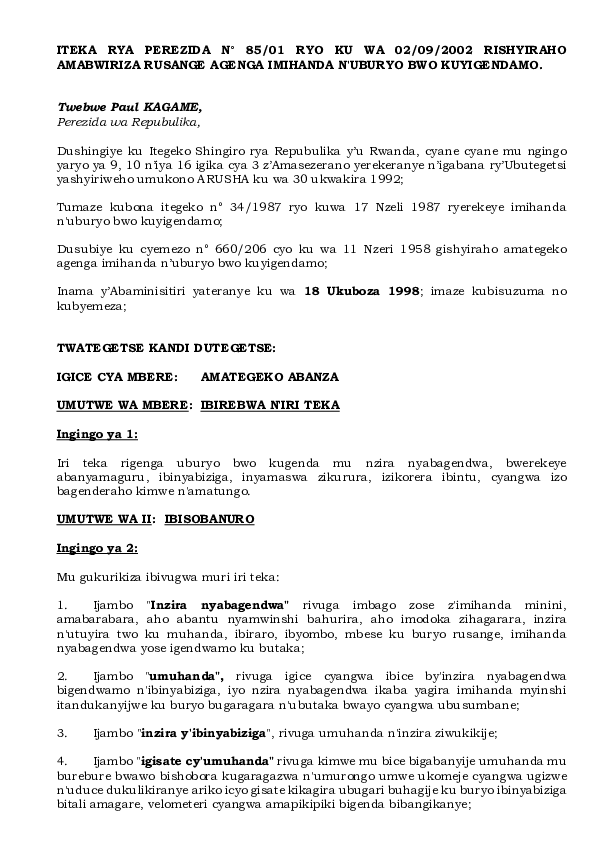 (PDF) ITEKA RYA PEREZIDA N° 85/01 RYO KU WA 02/09/2002 RISHYIRAHO ...