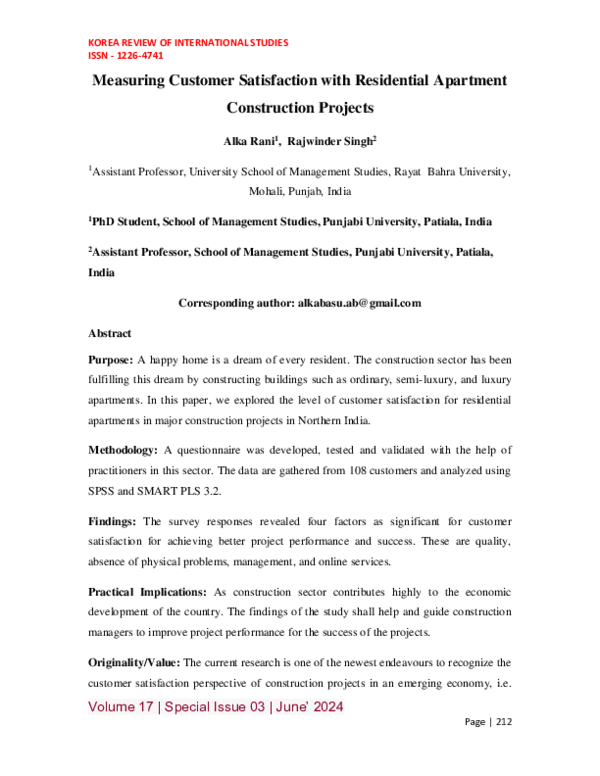 (PDF) Measuring Customer Satisfaction with Residential Apartment Construction Projects