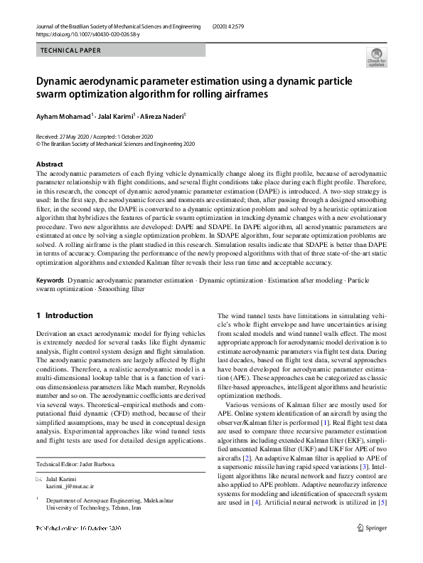 Pdf Dynamic Aerodynamic Parameter Estimation Using A Dynamic Particle