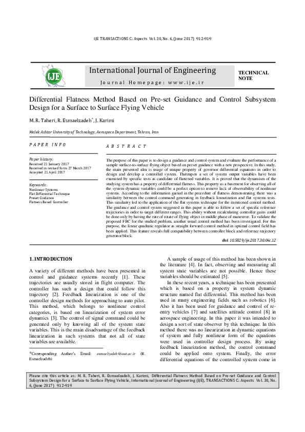 (PDF) Differential Flatness Method Based on Pre-set Guidance and Control Subsystem Design for a ...