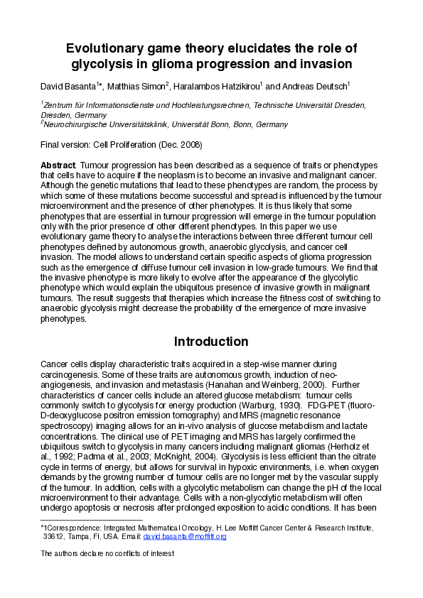 (PDF) Glycolysis Role in Glioma Progression via Evolutionary Game Theory