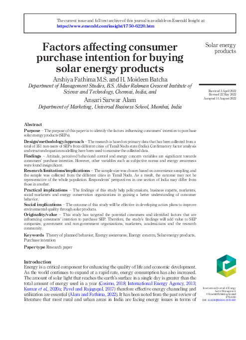 (PDF) Factors affecting consumer purchase intention for buying solar energy products