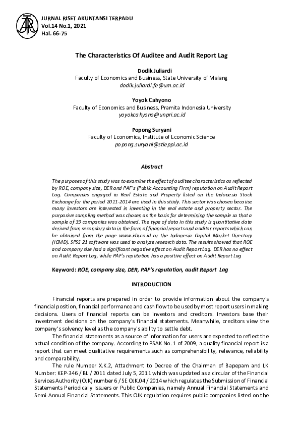 (PDF) The Characteristics of Auditee and Audit Report Lag