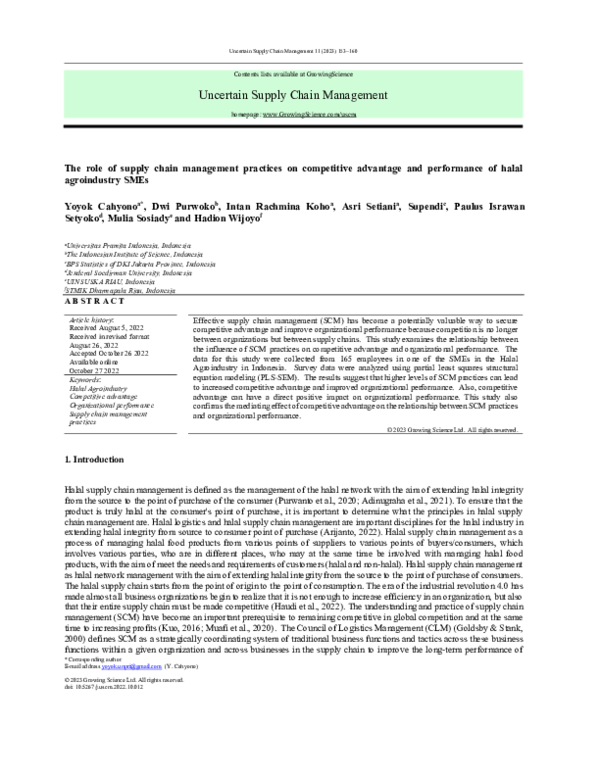 (PDF) The role of supply chain management practices on competitive advantage and performance of ...