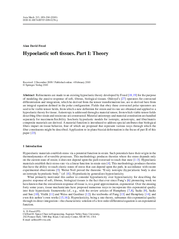 (PDF) Hypoelastic soft tissues. Part I: Theory