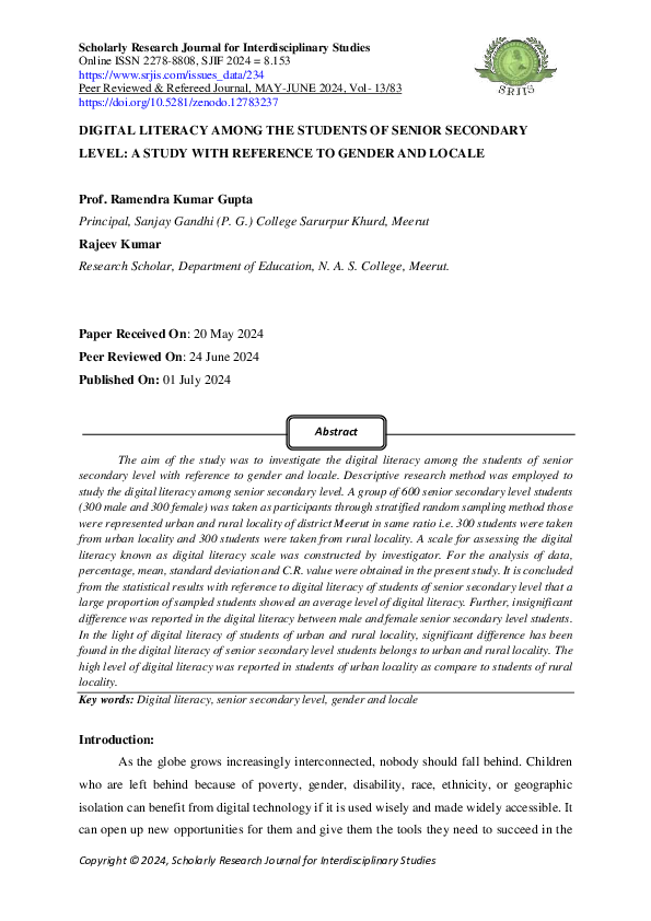 (PDF) DIGITAL LITERACY AMONG THE STUDENTS OF SENIOR SECONDARY LEVEL: A ...