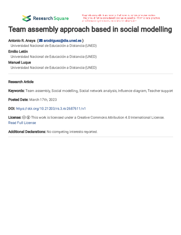 (PDF) Team assembly approach based in social modelling
