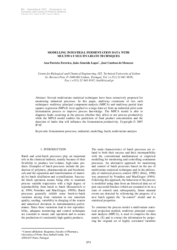 (PDF) Modelling Industrial Fermentation Data with Multiway Multivariate Techniques