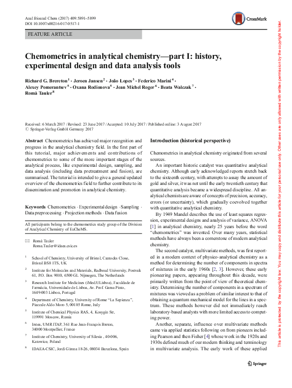 (PDF) Chemometrics in analytical chemistry-part I: history, experimental design and data ...