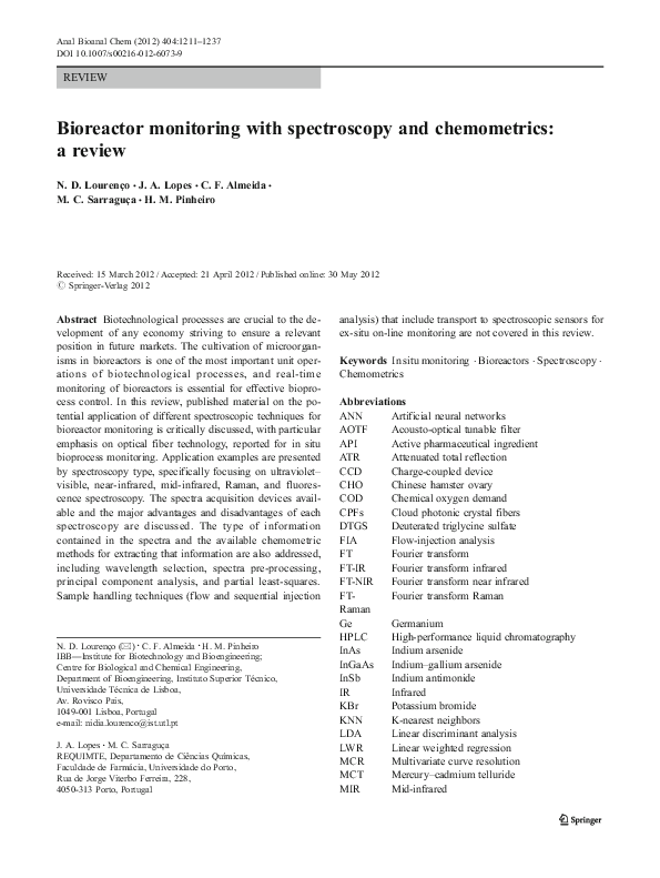 (PDF) Bioreactor monitoring with spectroscopy and chemometrics: a review