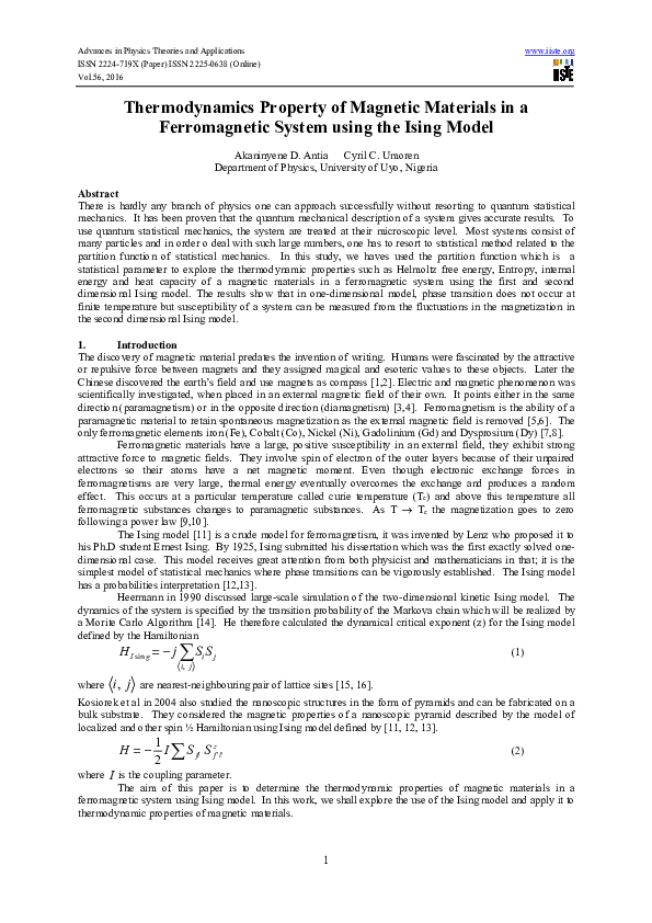(PDF) Thermodynamics Property of Magnetic Materials in a Ferromagnetic System using the Ising Model
