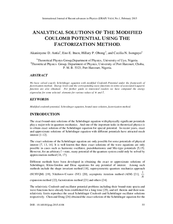 (PDF) Analytical Solutions of the Modified Coulomb Potential using the Factorization Method