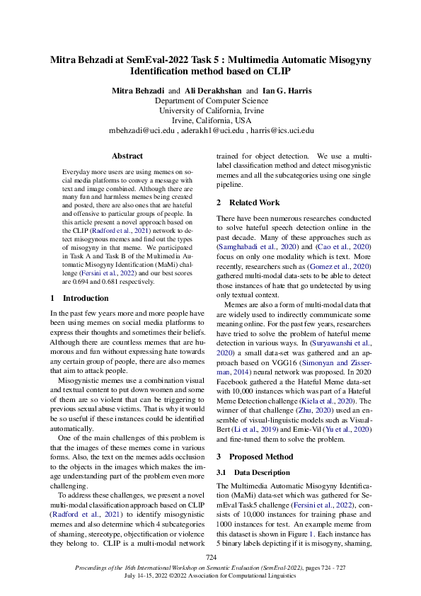 (PDF) Mitra Behzadi at SemEval-2022 Task 5 : Multimedia Automatic Misogyny Identification method ...