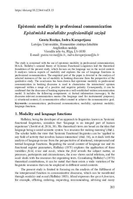 (PDF) Epistemic modality in professional communication