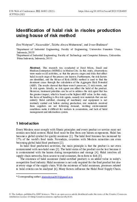 (PDF) Identification of halal risk in risoles production using house of ...