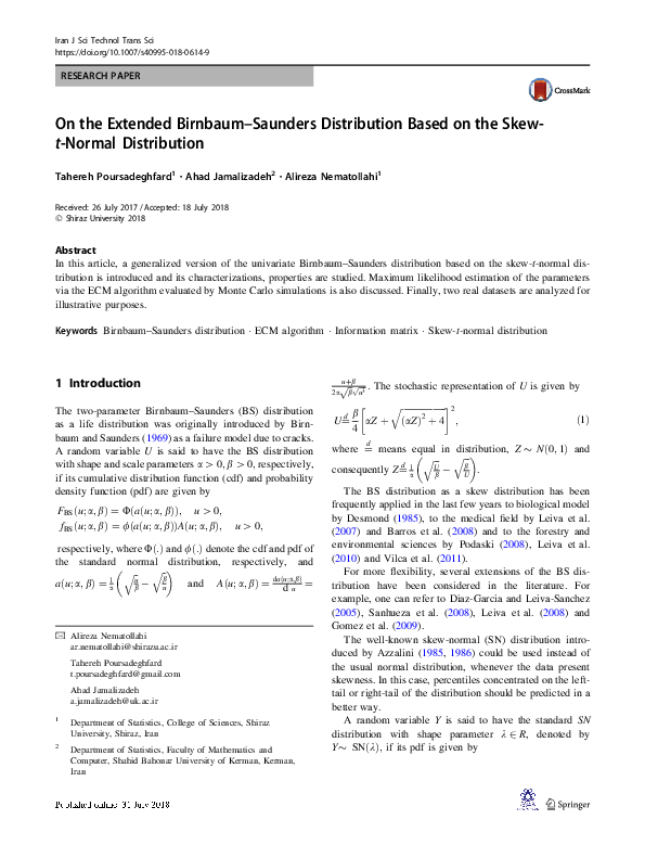 Pdf On The Extended Birnbaum Saunders Distribution Based On The Skew T Normal Distribution