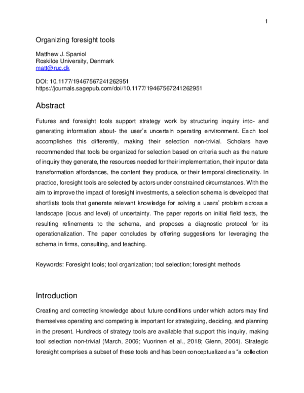 (PDF) Organizing foresight tools