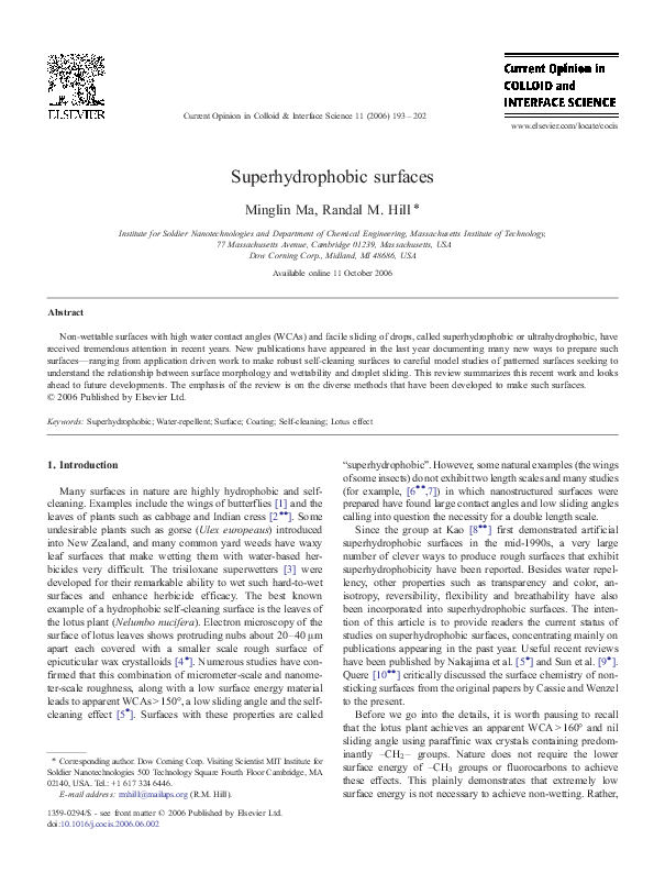 (PDF) Superhydrophobic surfaces