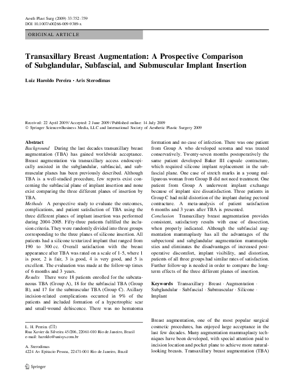 (PDF) Transaxillary Breast Augmentation: A Prospective Comparison of ...