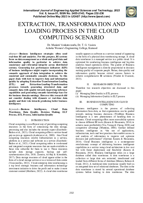 (PDF) Extraction, Transformation and Loading Process in the Cloud Computing Scenario