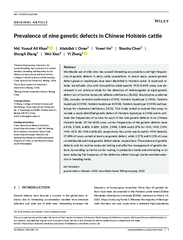(PDF) Prevalence of nine genetic defects in Chinese Holstein cattle