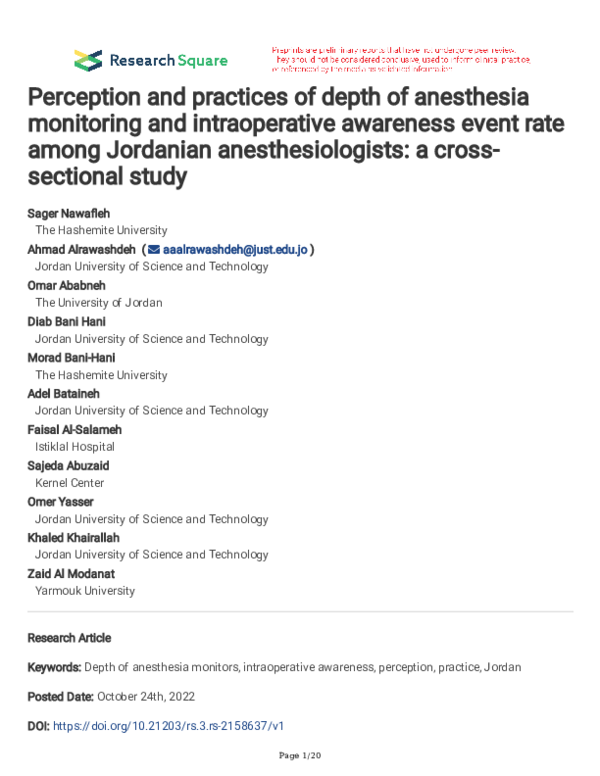 (PDF) Perception and practices of depth of anesthesia monitoring and ...