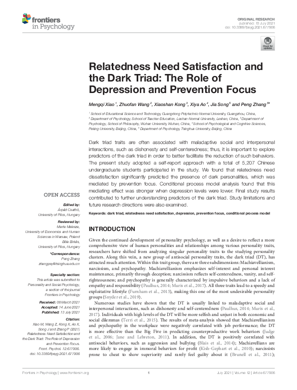 (PDF) Relatedness Need Satisfaction and the Dark Triad: The Role of ...