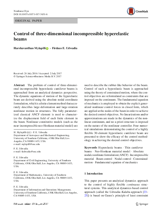 (PDF) Control of three-dimensional incompressible hyperelastic beams