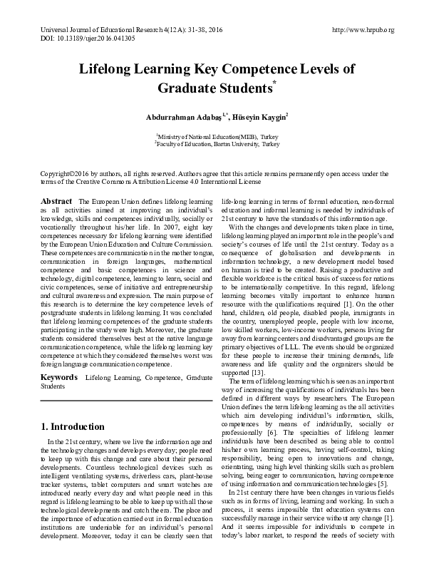 (PDF) Lifelong Learning Key Competence Levels of Graduate Students