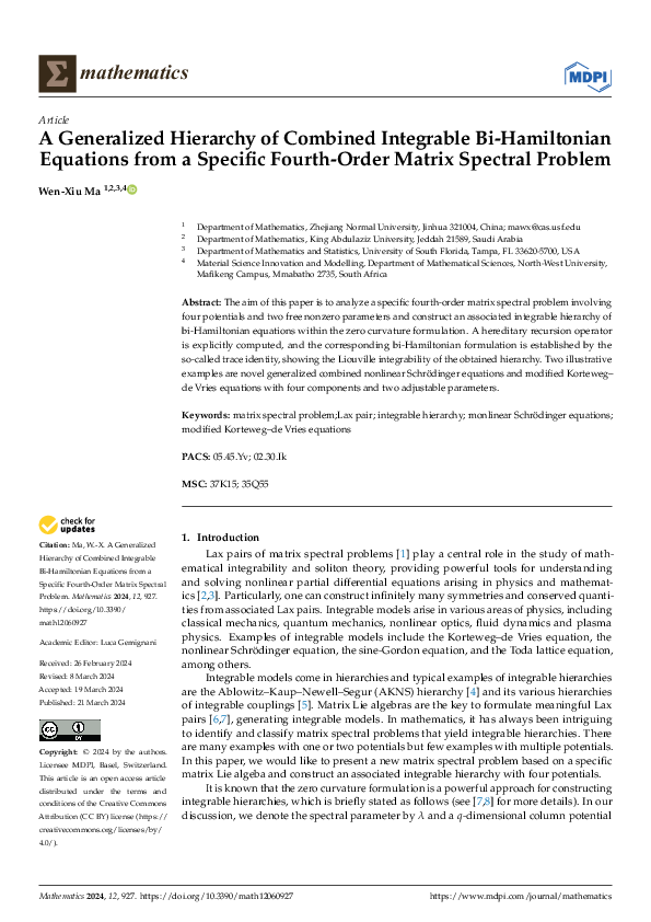 (PDF) A Generalized Hierarchy of Combined Integrable Bi-Hamiltonian Equations from a Specific ...