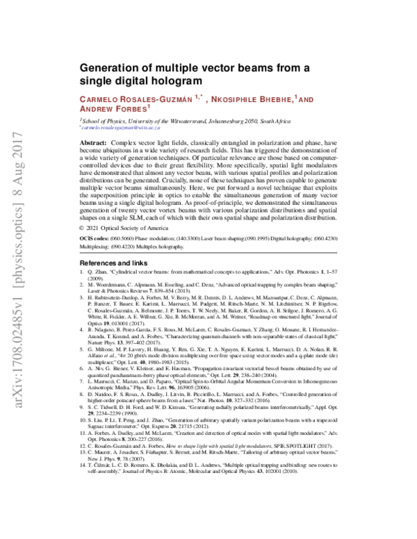 (PDF) Generation of multiple vector beams from a single digital hologram