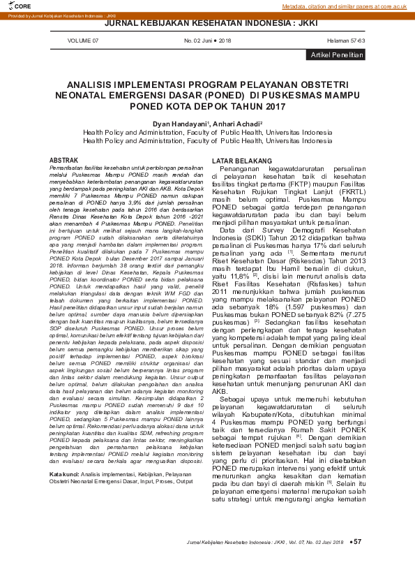 (PDF) Analisis Implementasi Program Pelayanan Obstetri Neonatal Emergensi Dasar (PONED) di ...