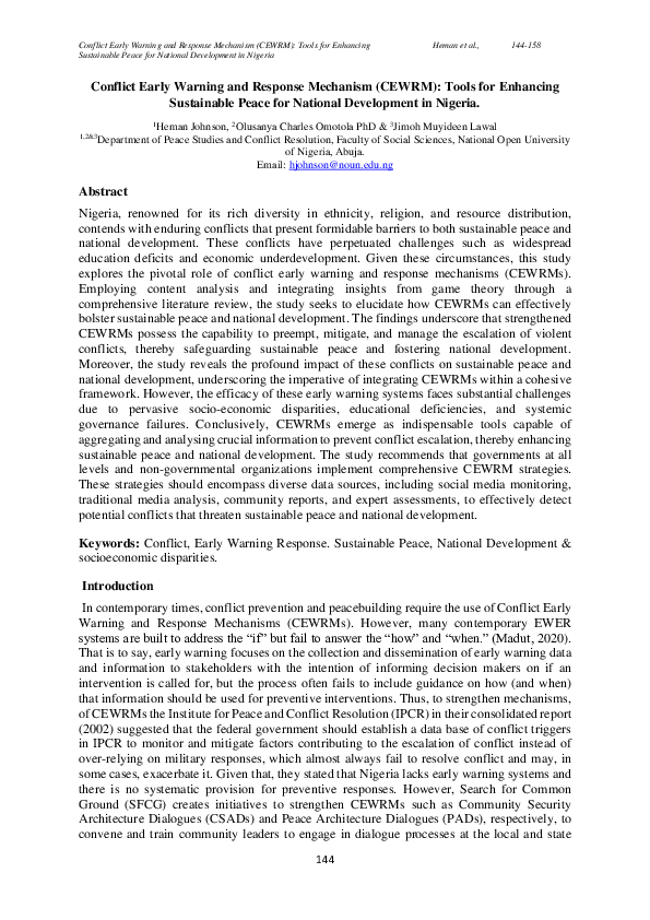 (PDF) Conflict Early Warning and Response Mechanism (CEWRM): Tools for ...