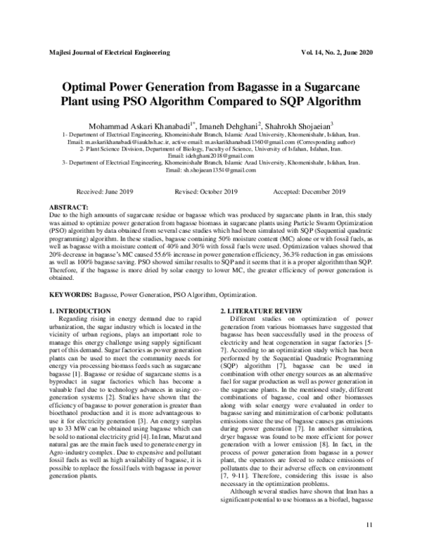 (PDF) Optimal Power Generation from Bagasse in a Sugarcane Plant using PSO Algorithm Compared to ...