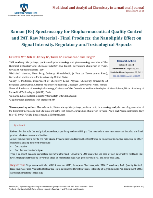 (PDF) Raman (Rs) Spectroscopy for Biopharmaceutical Quality Control and ...