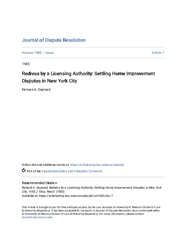 (PDF) Redress by a Licensing Authority: Settling Home Improvement ...