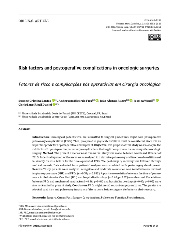 (PDF) Risk factors and postoperative complications in oncologic surgeries