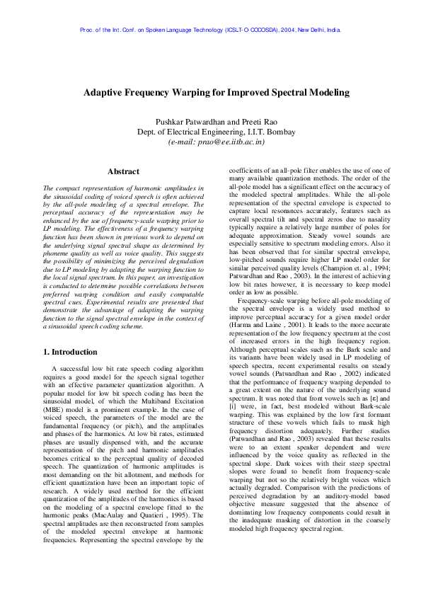 Pdf Adaptive Frequency Warping For Improved Spectral Modeling