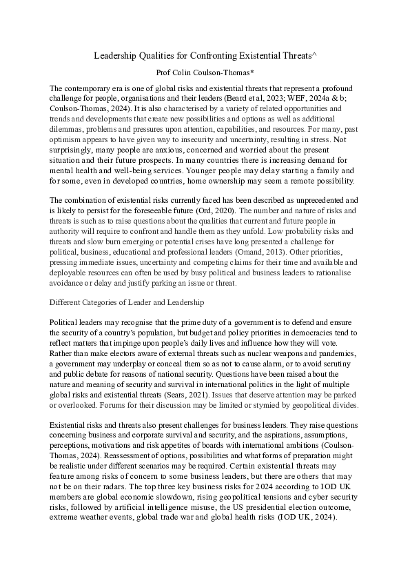 (PDF) Leadership Qualities for Confronting Existential Threats
