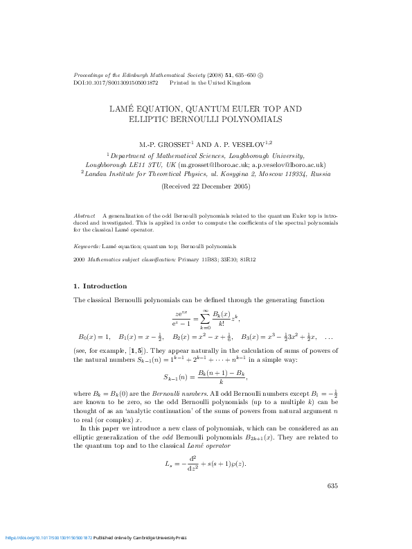 (PDF) Lamé Equation, Quantum Euler Top and Elliptic Bernoulli Polynomials