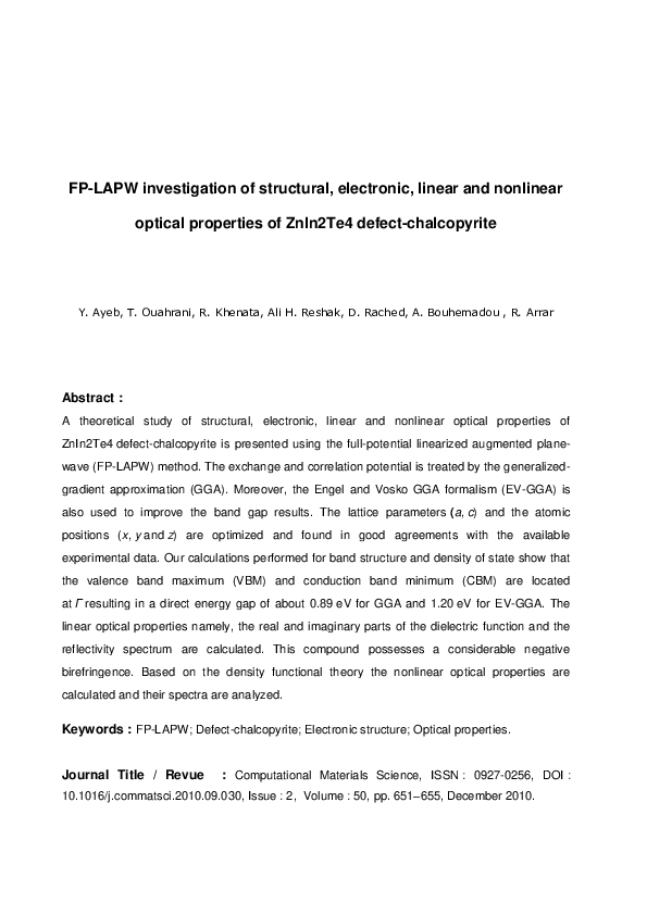 (PDF) FP-LAPW investigation of structural, electronic, linear and nonlinear optical properties ...