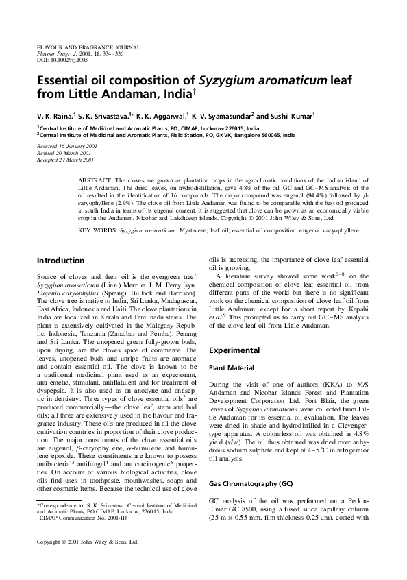 (PDF) Essential oil composition of Syzygium aromaticum leaf from Little Andaman, India