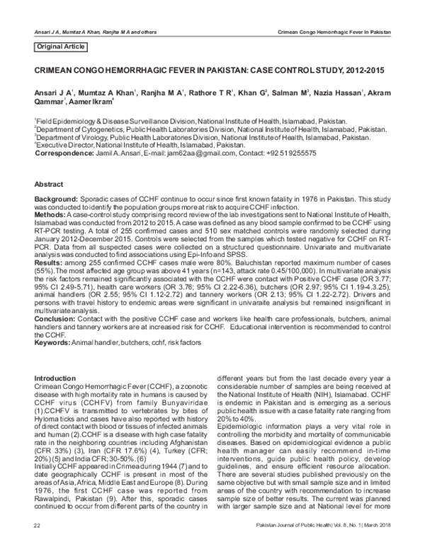 (PDF) Crimean Congo Hemorrhagic Fever in Pakistan: Case Control Study ...