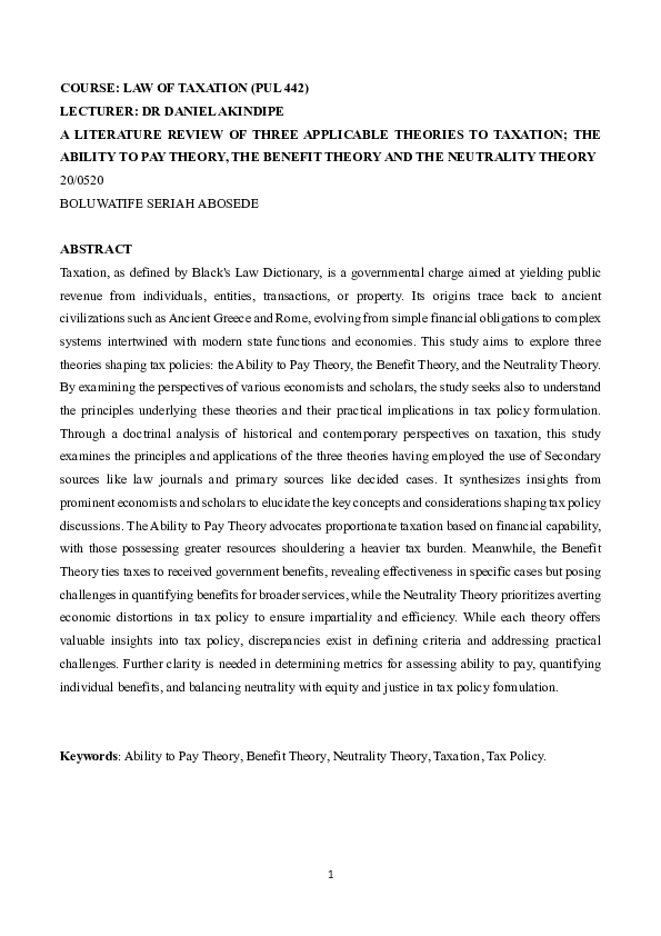 (PDF) LITERATURE REVIEW OF THREE APPLICABLE THEORIES TO TAXATION