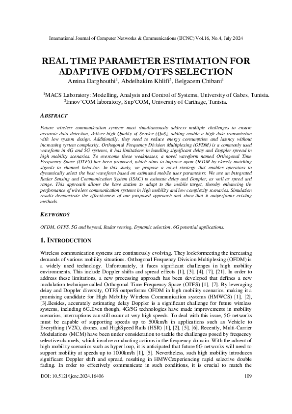 (PDF) REAL TIME PARAMETER ESTIMATION FOR ADAPTIVE OFDM/OTFS SELECTION