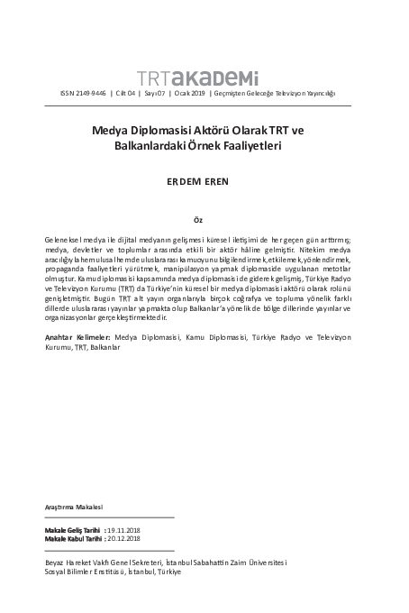 (PDF) TRT as Media Diplomacy Actor and Its Sample Activities in The Balkans