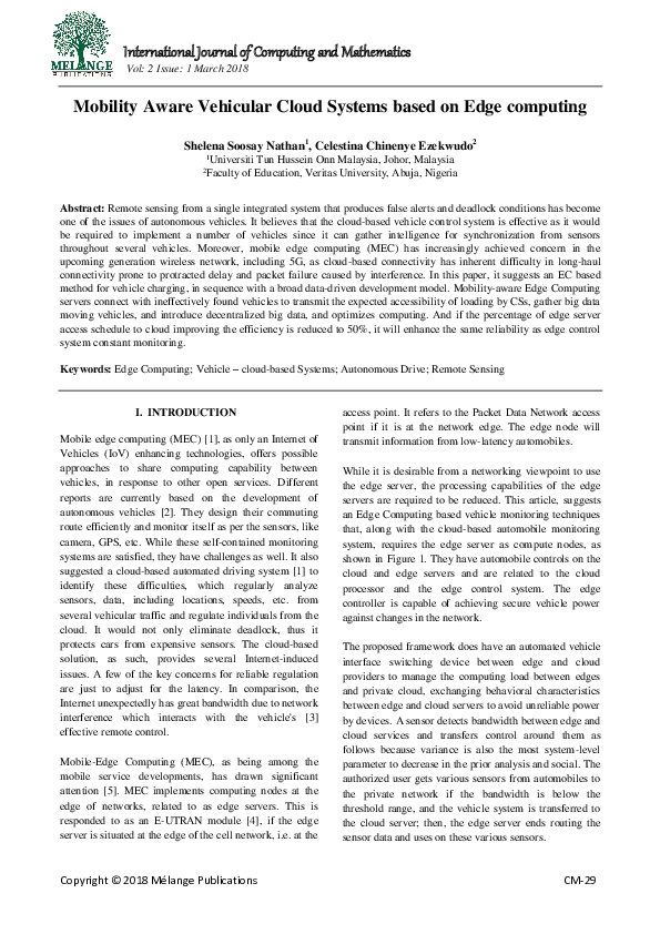(PDF) Mobility Aware Vehicular Cloud Systems based on Edge computing