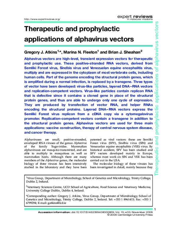 (PDF) Therapeutic and prophylactic applications of alphavirus vectors