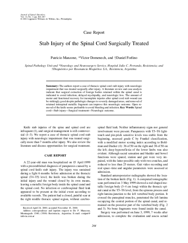 (PDF) Stab Injury of the Spinal Cord Surgically Treated