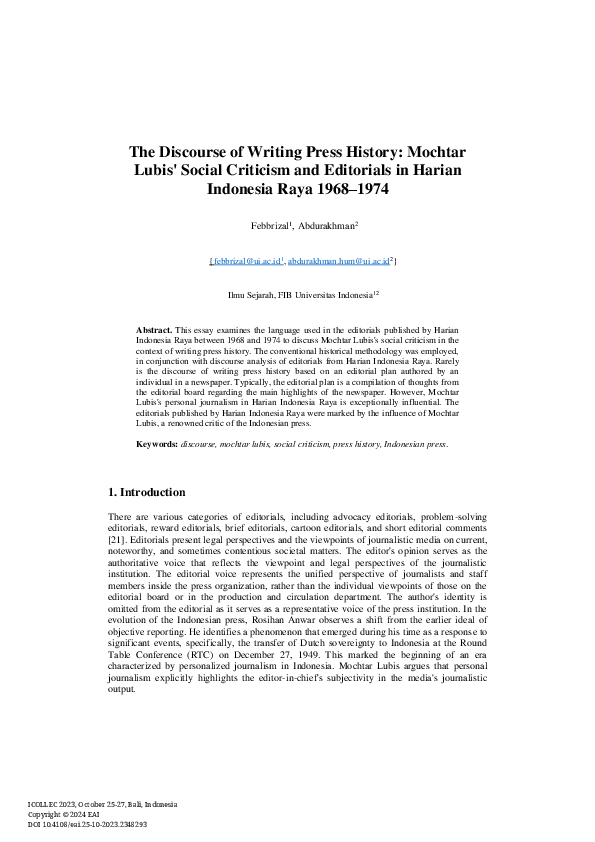 (PDF) The Discourse of Writing Press History: Mochtar Lubis' Social ...